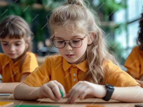 Elementary School Students Collaborate On Group Projects In A Classroom