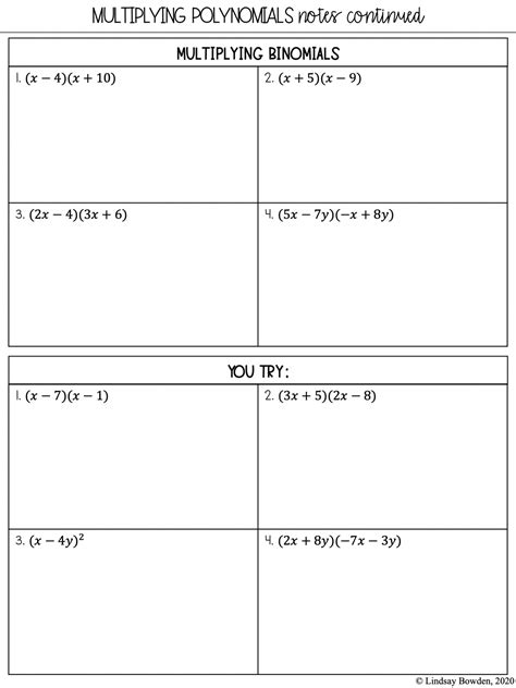 multiplying polynomials practice worksheet printable pdf template