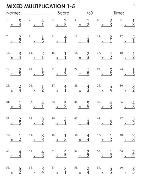Mixed Multiplication Facts 1 5 Timed Tests Worksheets Etsy