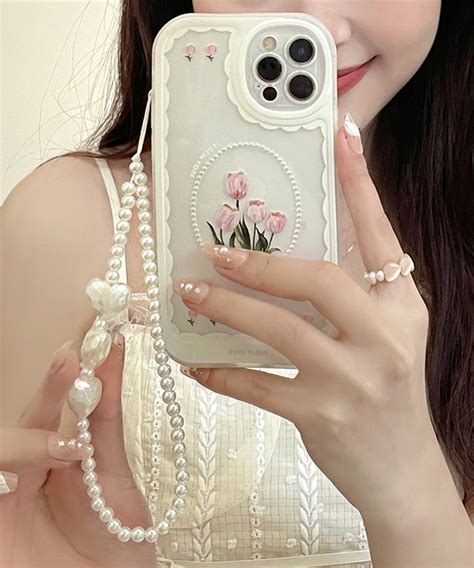 핑크리어카 아이폰 레이스 튤립 러브 화이트 투명 실리콘 젤리 플라워 봄 감성 유니크 선물 우정 스트랩 핸드폰 휴대폰 애플 폰 케이스 줄 아이폰케이스 X 11 12 프로 13