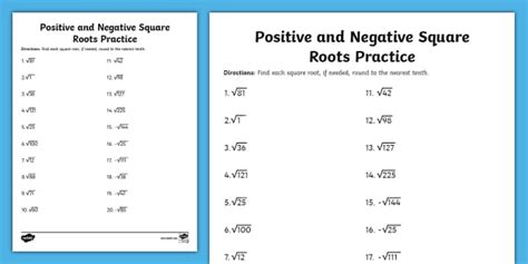 eighth grade positive and negative square roots practice worksheets