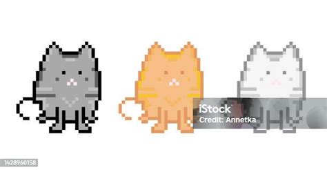 픽셀 아트의 귀여운 고양이 세 마리 세트로 프리젠 테이션 스티커 아이콘 섬유 티셔츠 인쇄 패턴에 적합합니다 격리된 벡터 일러스트레이션 가축에 대한 스톡 벡터 아트 및 기타