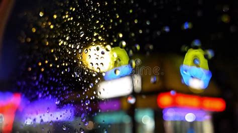 Raindrops On Glass With Bokeh Effect From Street Lights Stock Footage Video Of Drops Night