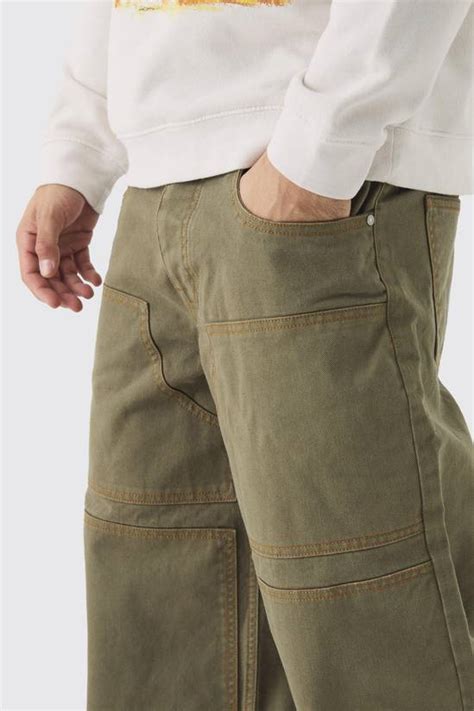 Khaki Baggy Twill Contrast Stitch Carpenter Trousers Boohooman Usa