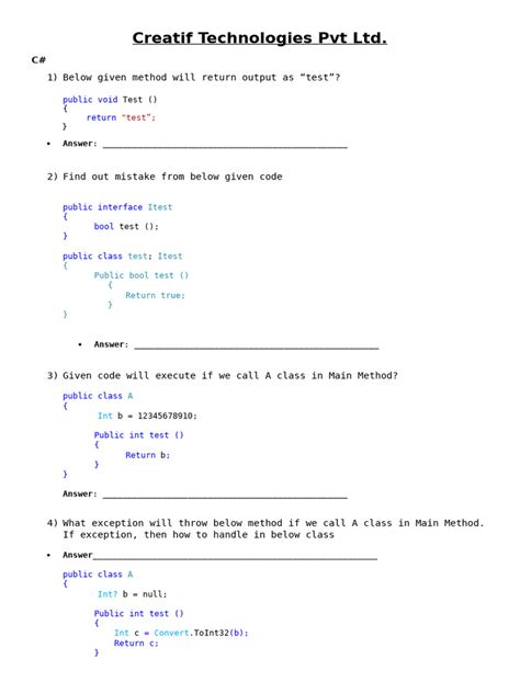 Beginner Devloper Questions Pdf C Sharp Programming Language