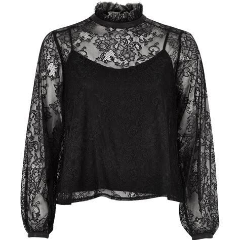 River Island Black Lace Victoriana High Neck Blouse In Black Lyst