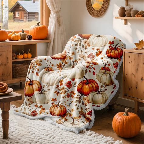 Lanpn Fall Pumpkin Flannel Throw Blanket 460gsm Soft Warm Sherpa