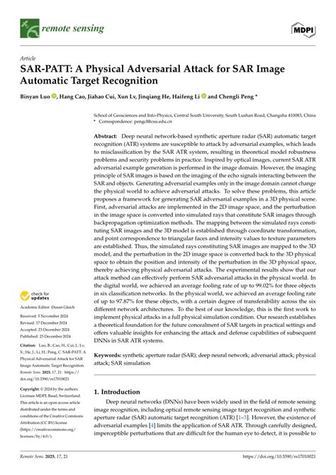 Pdf Sar Patt A Physical Adversarial Attack For Sar Image Automatic Target Recognition