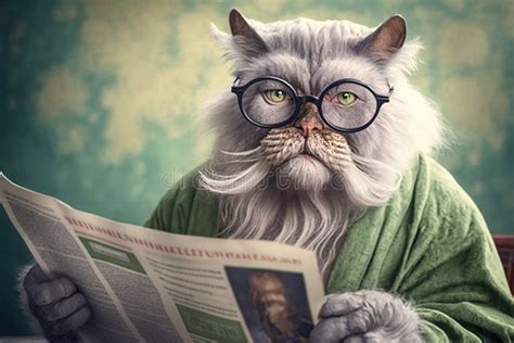A Very Old Cat Wearing Glasses Reading Newspaper Created With