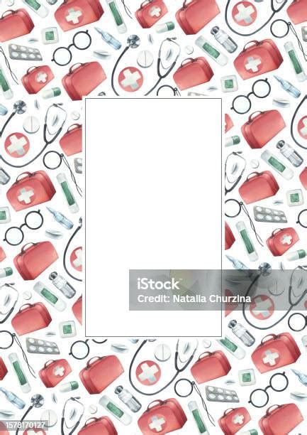 빨간색 응급 처치 가방이 있는 의료 장비 키트 손으로 그린 수채화 그림 세로 템플릿 흰색 배경에 프레임입니다 수채화에 대한 스톡 벡터 아트 및 기타 이미지 Istock