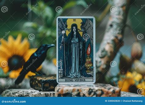 Mystical High Priestess Tarot Card On Stone Altar With Moonlight And