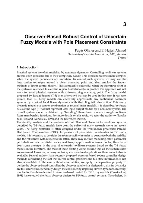 Pdf Observer Based Robust Control Of Uncertain Fuzzy Models With Pole Placement Constraints