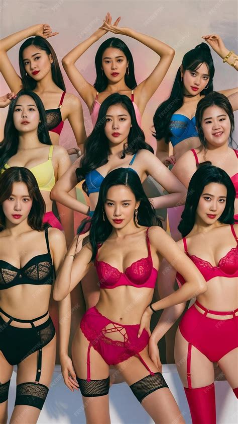 Group Of Young Women In Underwear Standing In Different Poses Premium