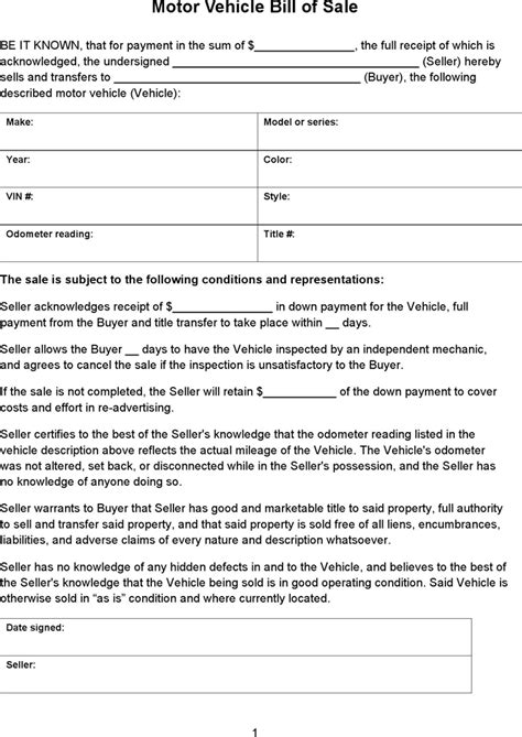 Free Motor Vehicle Bill Of Sale Docx 124kb 2 Pages