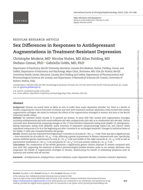 Sex Differences In Antidepressant Response Pdf Major Depressive