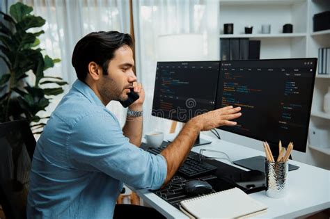 It Developer Calling To Coworker Solving Problem Coding System On Pc Surmise Stock Image