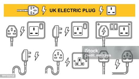영국 전기 플러그 소켓 영국 전원 콘센트 라인 아이콘 세트 영어 3 핀 Ac 케이블 커넥터 전기 에너지 공급 전기 장비 와이어 연결 벽 전류 스위치 벡터 3구 플러그에 대한