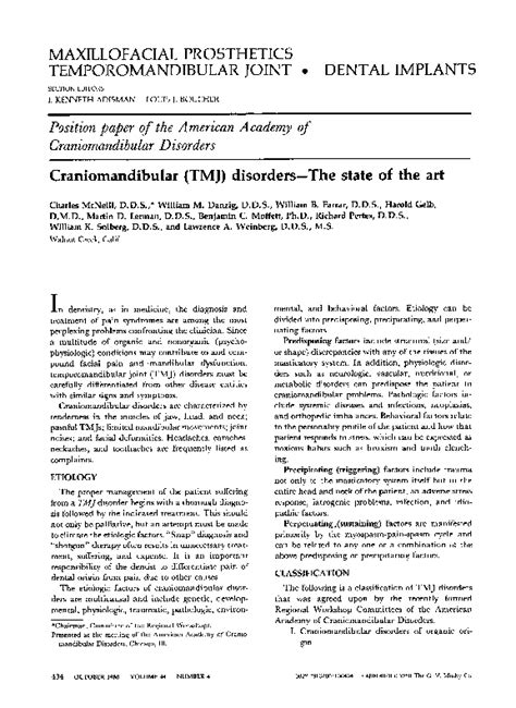 Pdf Craniomandibular Tmj Disorders—the State Of The Art William