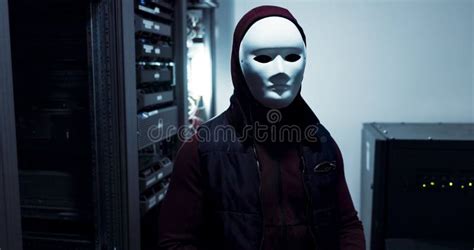 Server Room Hacker And Person With Mask Night And Scam Of
