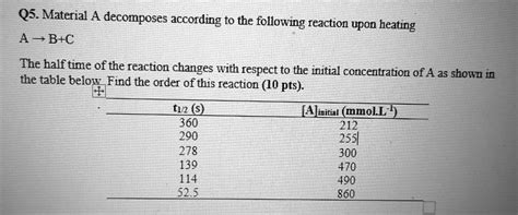 Solved Q5 Material A Decomposes According To The Following Reaction