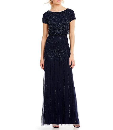 Adrianna Papell Round Neck Short Sleeve Beaded Blouson Gown Dillards