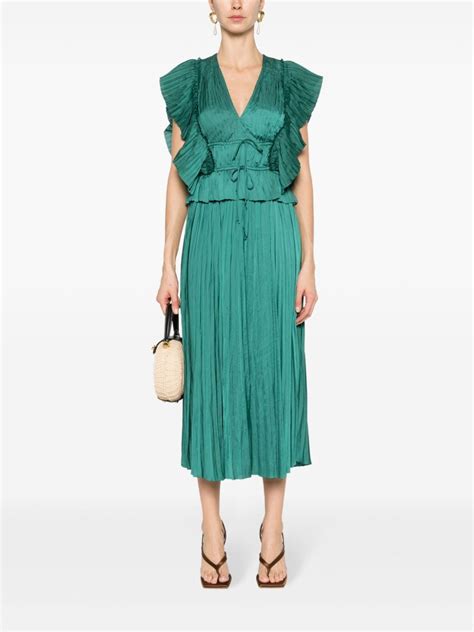 Ulla Johnson Letty Ruffle Detail Pleated Satin Dress In Jadeite Modesens