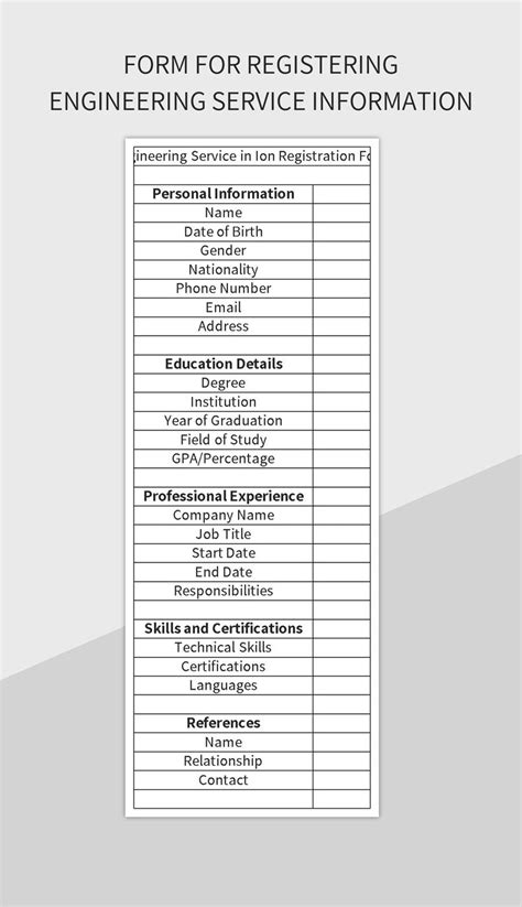 Form For Registering Engineering Service Information Excel Template And