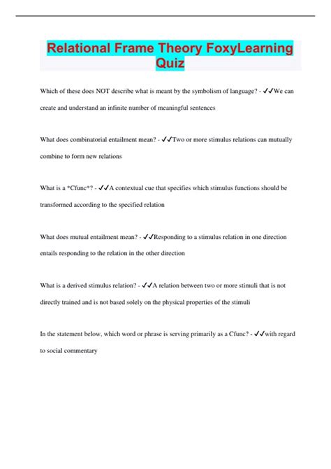 Relational Frame Theory Foxylearning Quiz Questions With 100 Correct Answers Verified