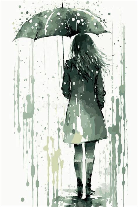 Sad Woman With An Umbrella Walking Under The Rain Vector Art Of