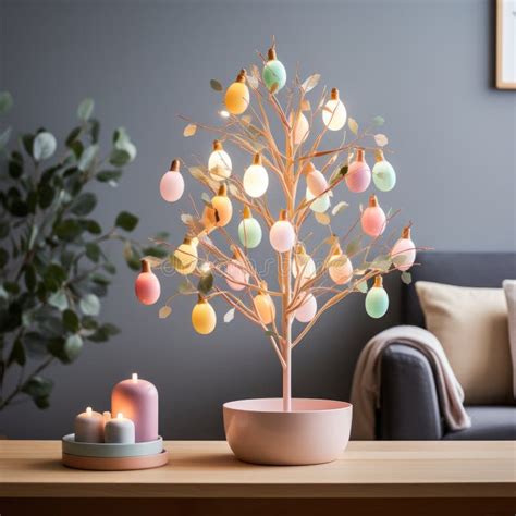 Minimalist Easter Egg Tree Illuminated By Soft Pastel String Lights Stock Image Image Of