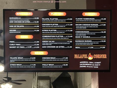 Online Menu Of Falafel Corner Restaurant Sacramento California 95814
