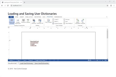 loading and saving user dictionaries in textcontrol web