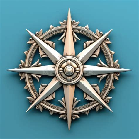 Small Gold Colored Compass With Intricate Carvings And Designs It Is Placed On Top Of Blue