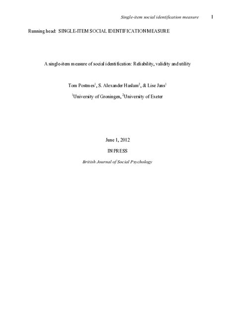 Pdf A Single Item Measure Of Social Identification Reliability