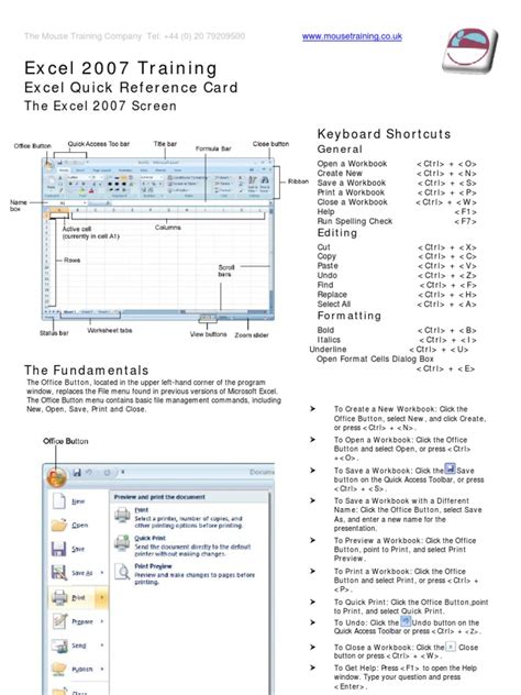 Excel 2007 Quick Reference Pdf Microsoft Excel Button Computing