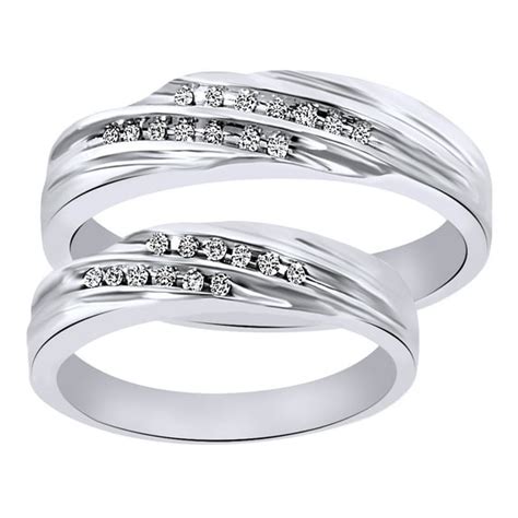 Affy White Natural Diamond His And Hers Wedding Band Ring Set In 14k White Gold 0 14 Cttw