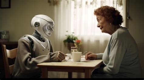 Premium Ai Image Robot Caregiver Assisting Elderly Retired Woman At Home
