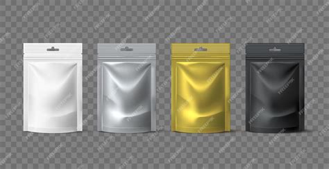 현실적인 파우치 패키지 격리된 호일 지퍼 잠금 포장 다른 색상 가방 브랜딩을 위한 금색 또는 은색 3d 제품 용기 모형 검정 또는 흰색 플라스틱 향낭 벡터 팩 세트
