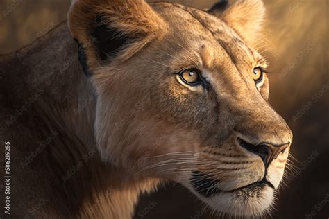 Generative Ai Illustration Image Of Wild Calm Brown Lioness Looking
