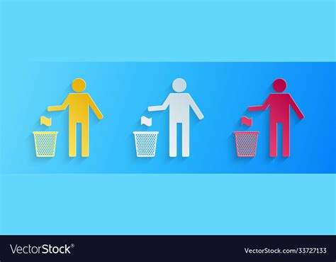Paper Cut Man Throwing Trash Into Dust Bin Icon Vector Image