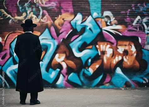 Elegant Hasidic Man In Traditional Attire Posing Confidently Before A Vibrant Urban Graffiti
