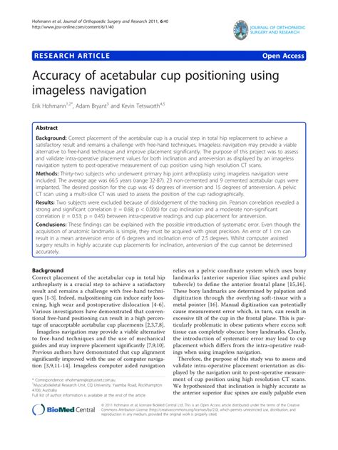 Pdf Accuracy Of Acetabular Cup Positioning Using Imageless Navigation