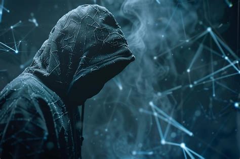Premium Photo Evil Hacker In Black Hood And Mask On Dark Blackcyan Data Background Neural