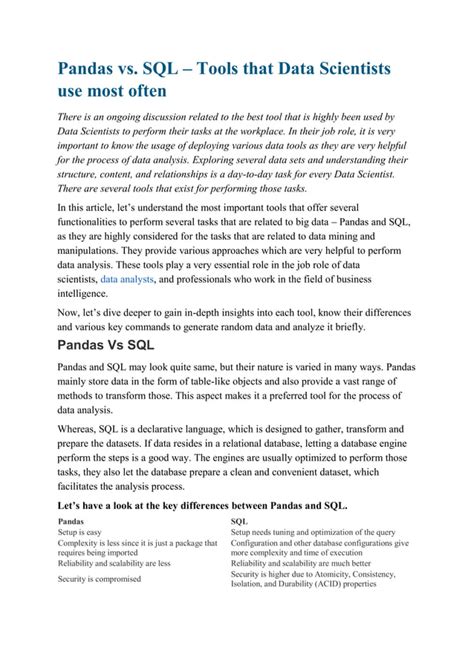 Pandas Vs Sql Tools That Data Scientists Use Most Oftenpdf