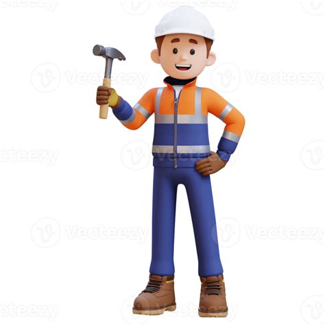 3d Construction Worker Character Holding Hammer In Confident Pose