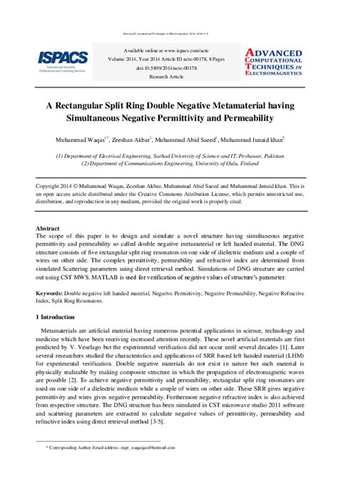 Pdf A Rectangular Split Ring Double Negative Metamaterial Having