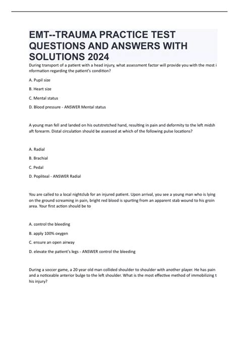EMT TRAUMA PRACTICE TEST QUESTIONS AND ANSWERS WITH SOLUTIONS 2024 EMT B Emergency Medical