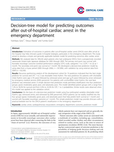 Pdf Decision Tree Model For Predicting Outcomes After Out Of Hospital