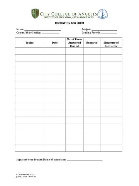 Form 22 Recitation Log Form Pdf