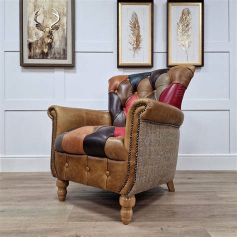 Irvine Chesterfield Armchair Patchwork Leather And Harris Tweed Rydan Interiors